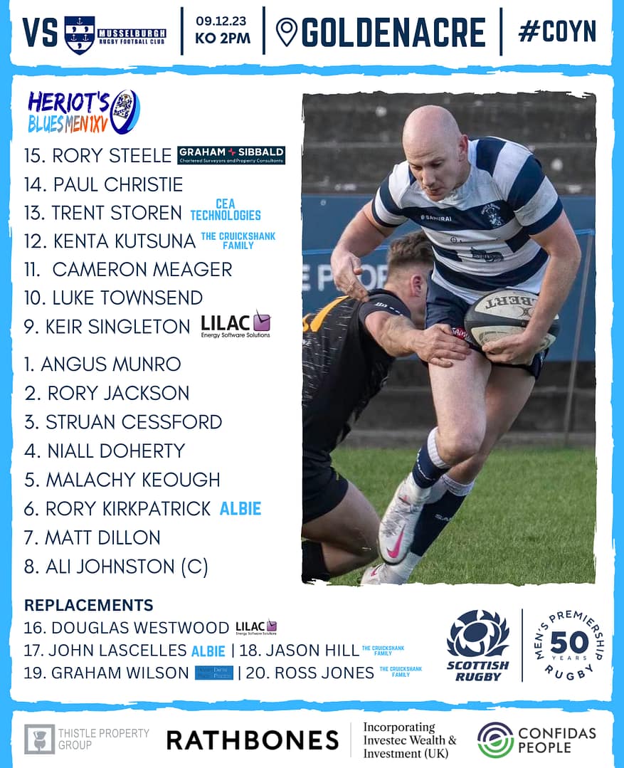 TEAM NEWS | Blues Men 1XV vs Musselburgh | 9th Dec 2023 - Heriots Rugby Club