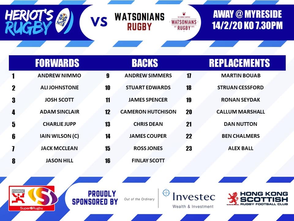 Team News - Watsonians V Heriot's Rugby - Heriots Rugby Club