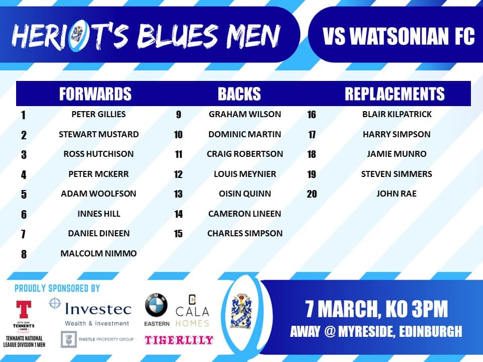 Team News - Watsonian FC v Heriot's Blues Men - Heriots Rugby Club