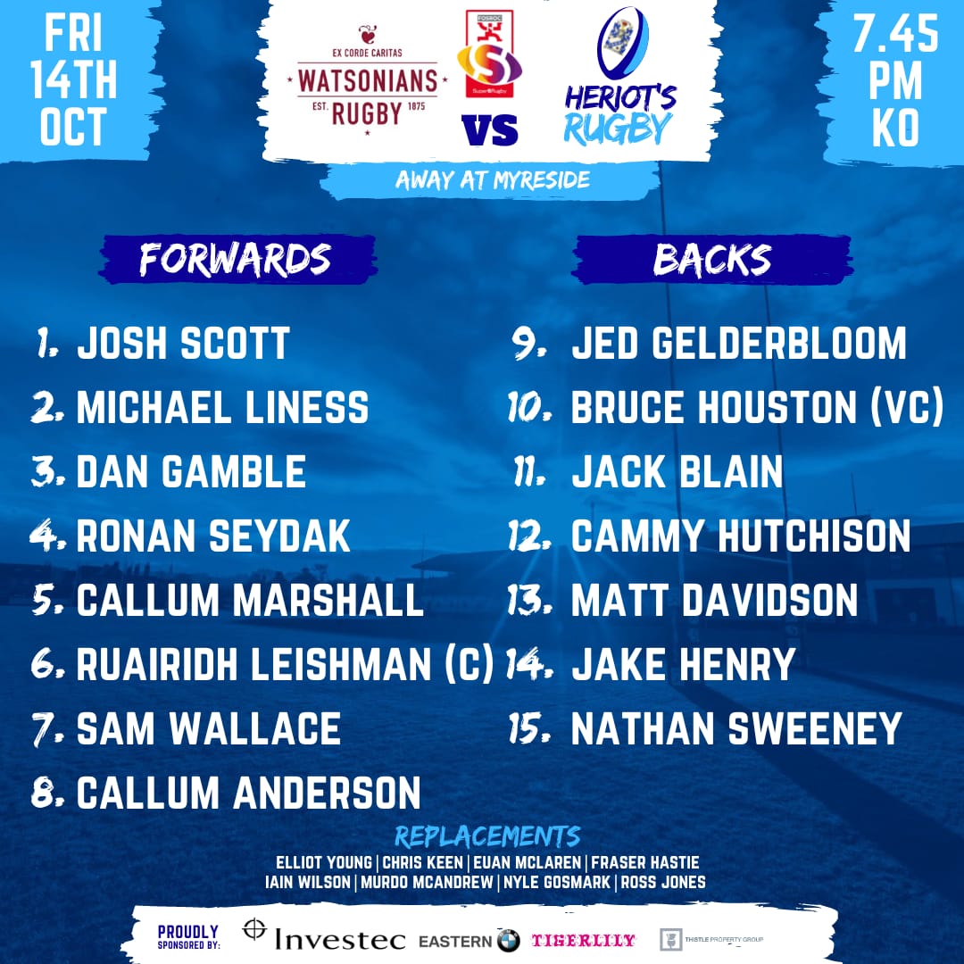 Team Announcement | Watsonians Rugby v Heriot's Rugby at Myreside on ...